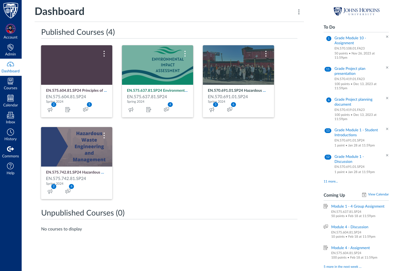 Using the Canvas Dashboard – Johns Hopkins Engineering